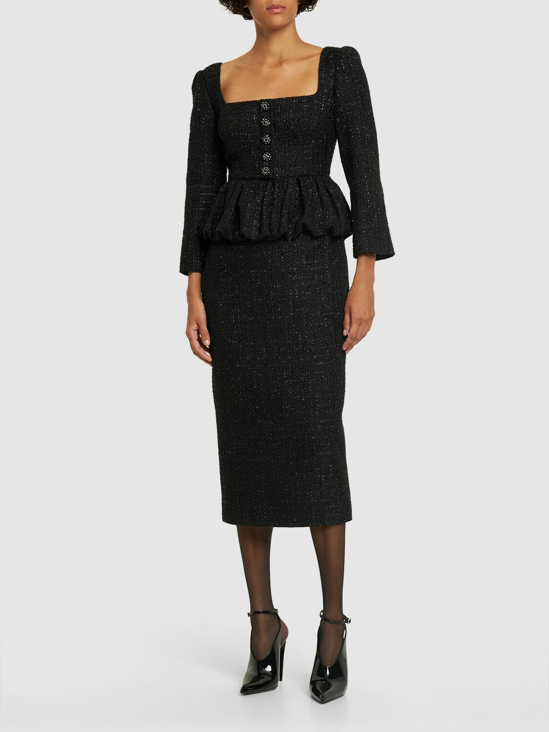 SELF-PORTRAIT - Bouclé Peplum Midi Dress Self-Portrait