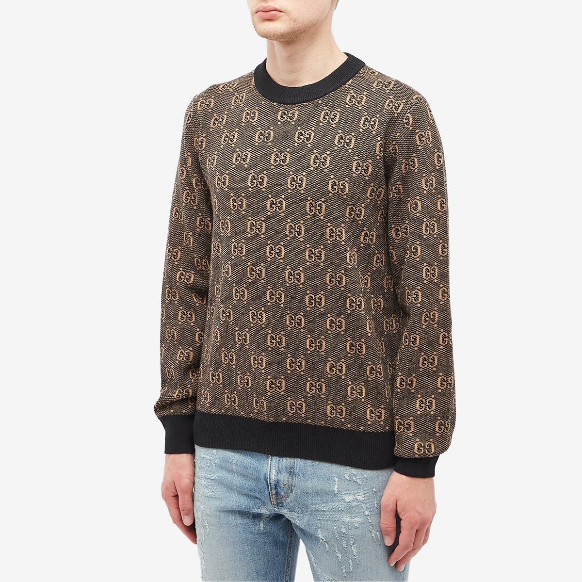 Gucci Men's GG Logo Crew Knit in Camel Gucci