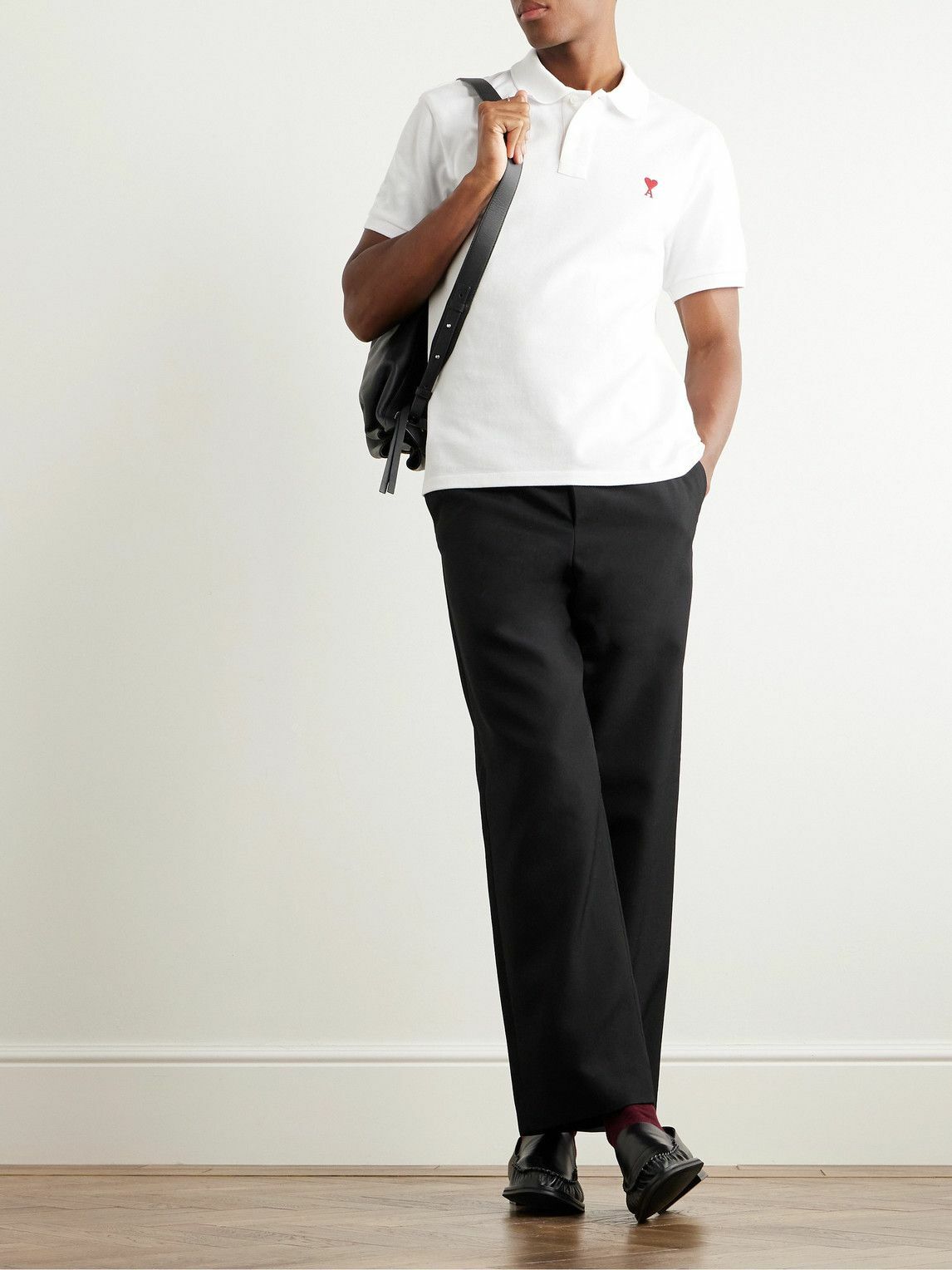 AMI PARIS - Logo-Embroidered Organic Cotton-Piqué Polo Shirt - White AMI