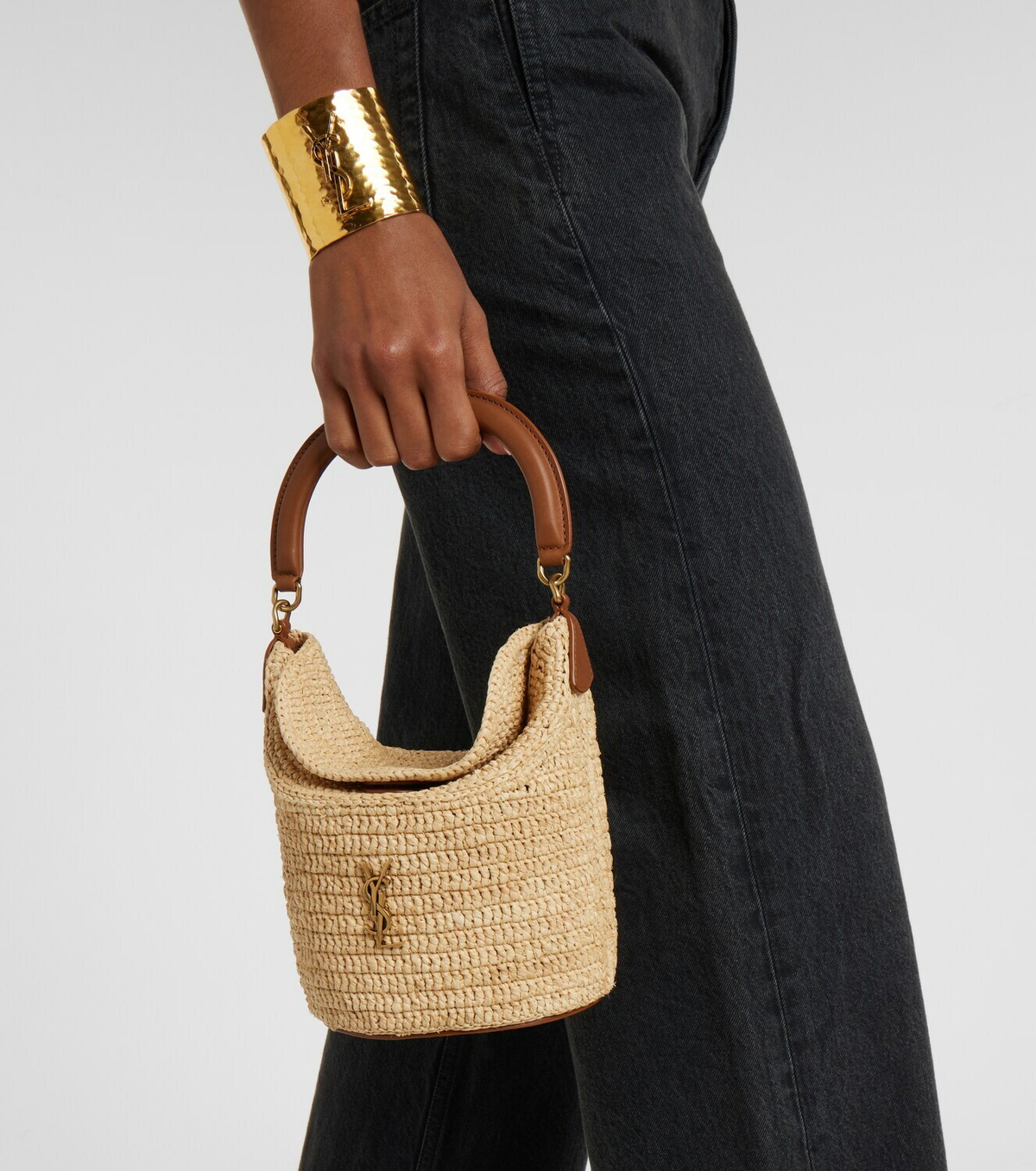 Saint Laurent Gaby leather-trimmed raffia bucket bag Saint Laurent