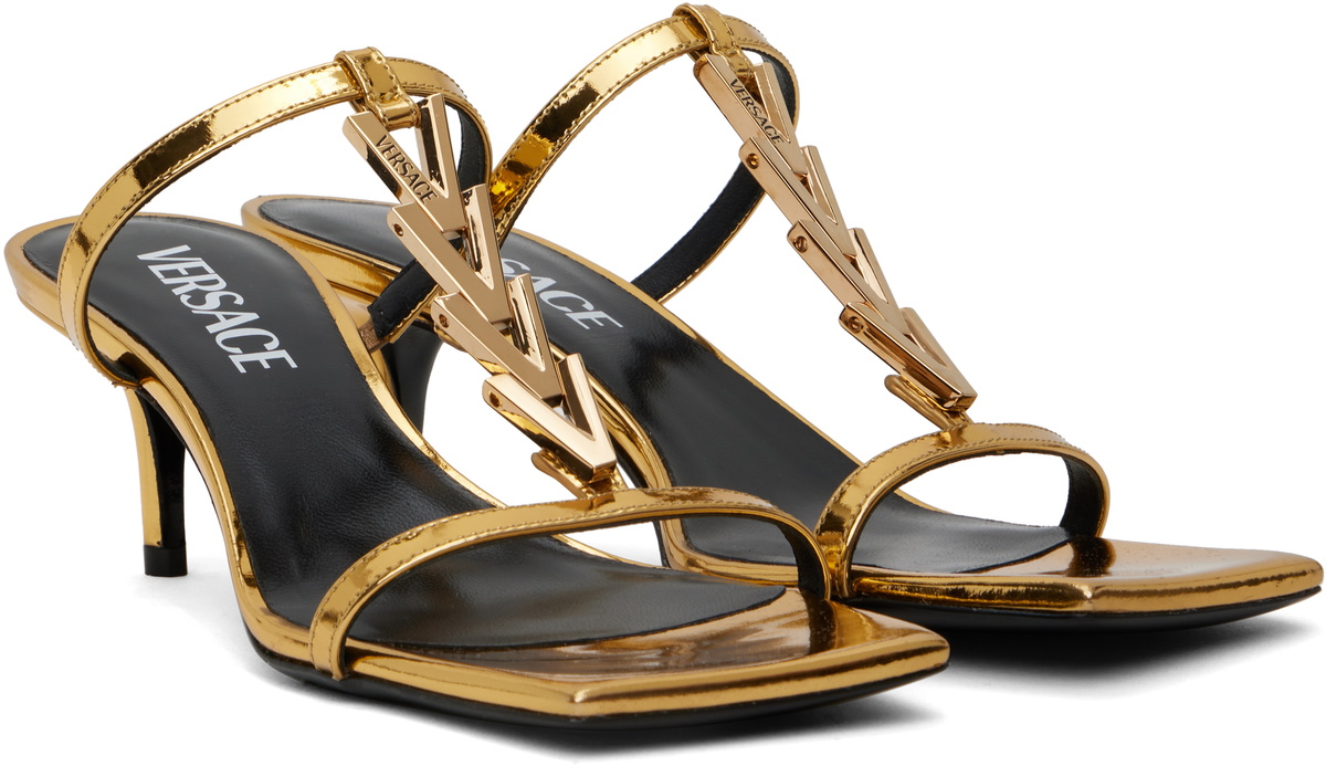 Versace Gold Patent Heeled Sandals Versace