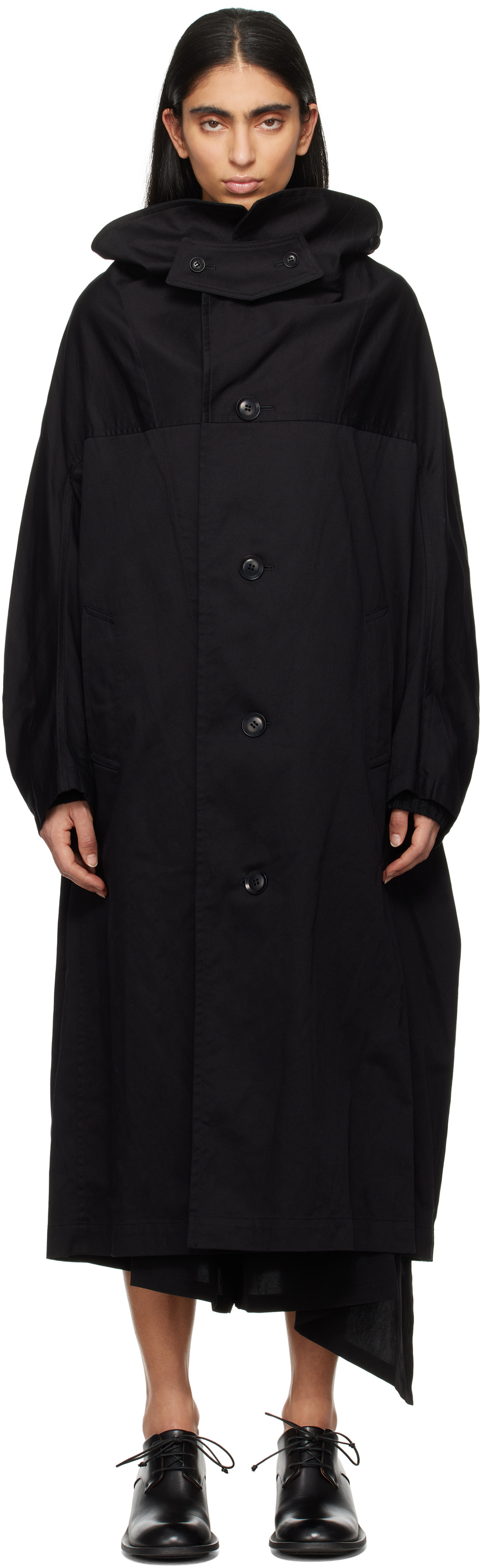 Y's Black Cotton Twill Long Cape Coat