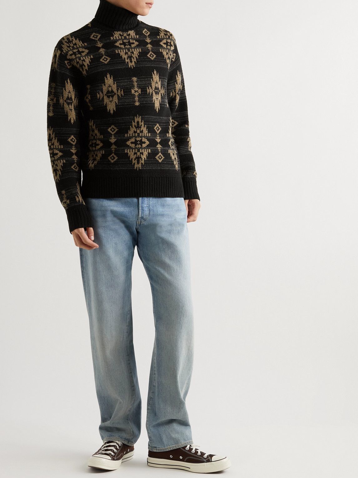 RRL - Wool and Linen-Blend Jacquard Rollneck Sweater - Black RRL