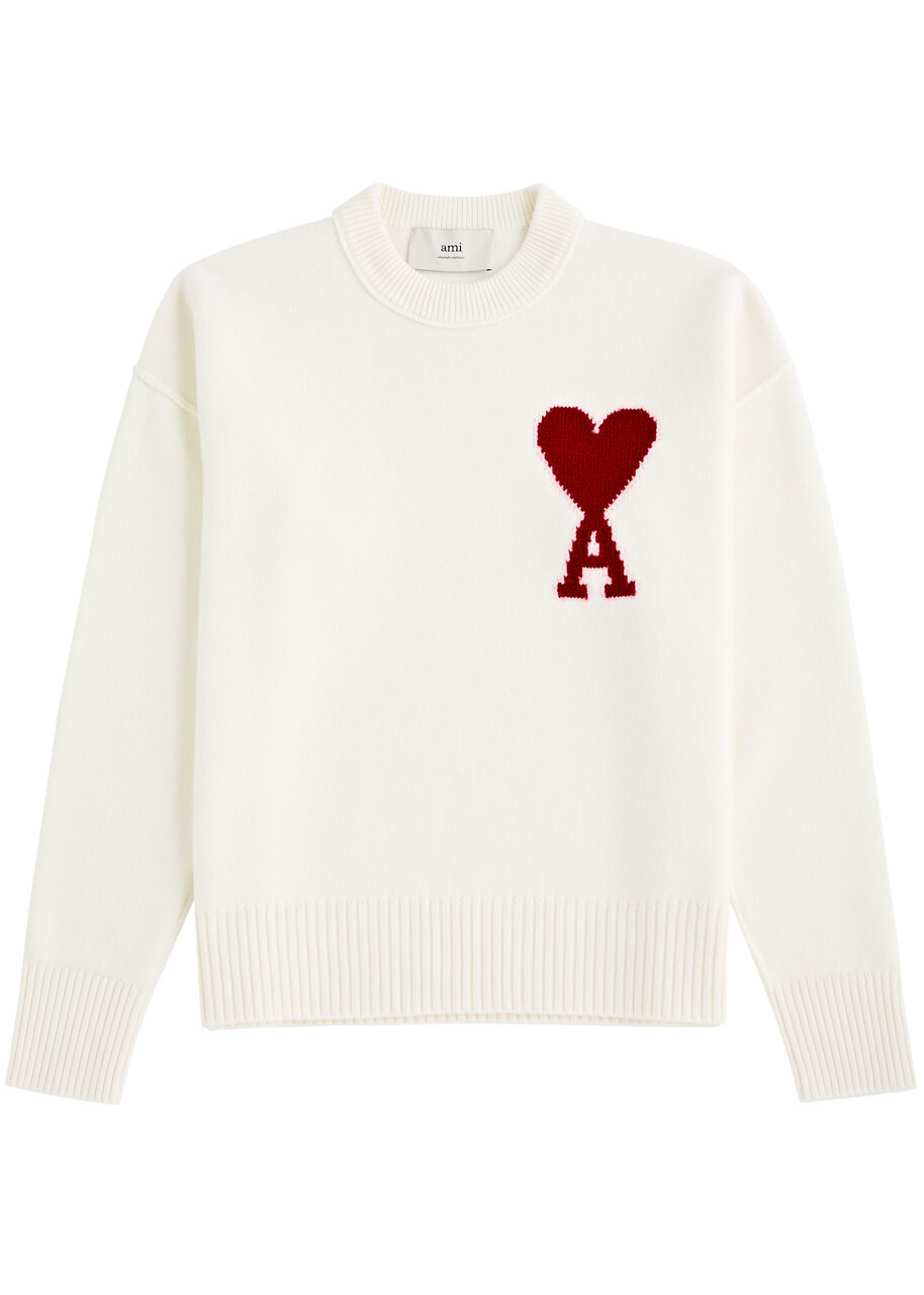 Ami Paris Logo-intarsia Wool Jumper White AMI