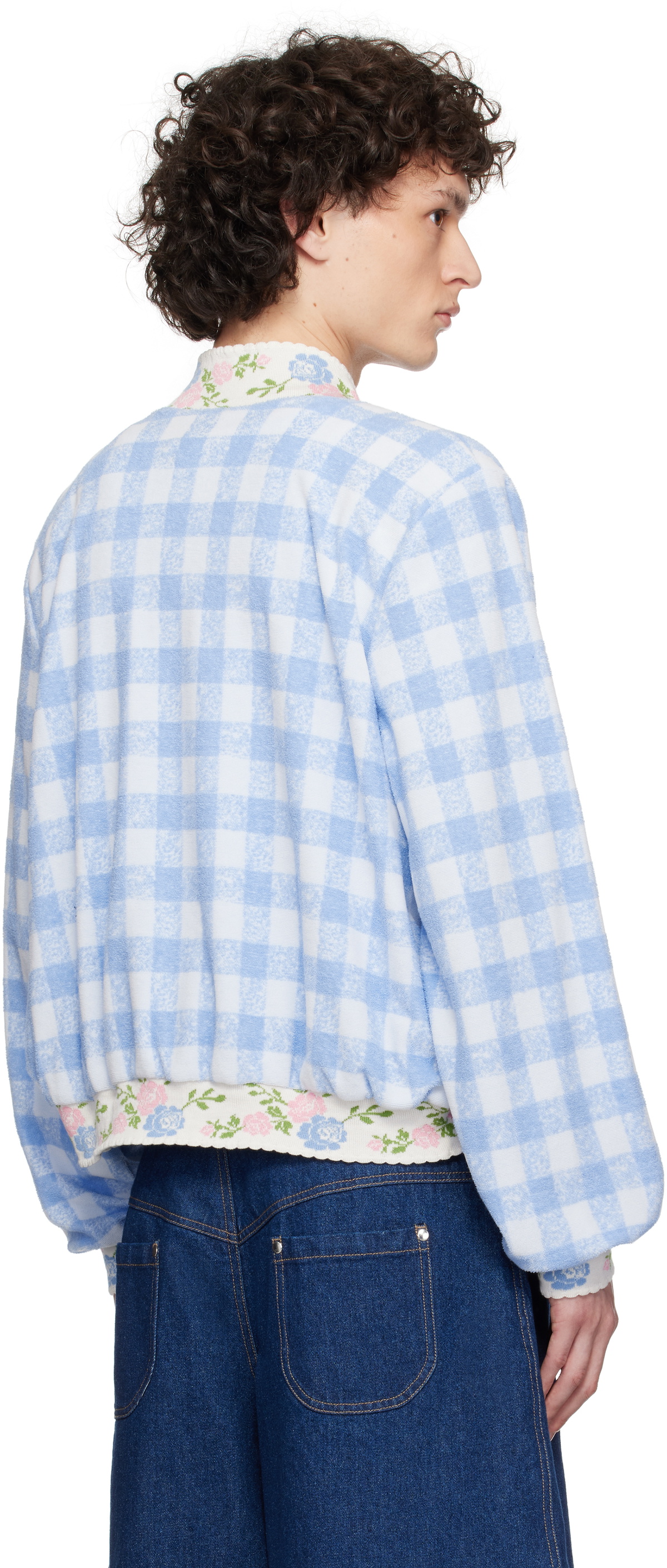 Anna Sui Blue Gingham Terry Baseball Bomber Jacket Anna Sui