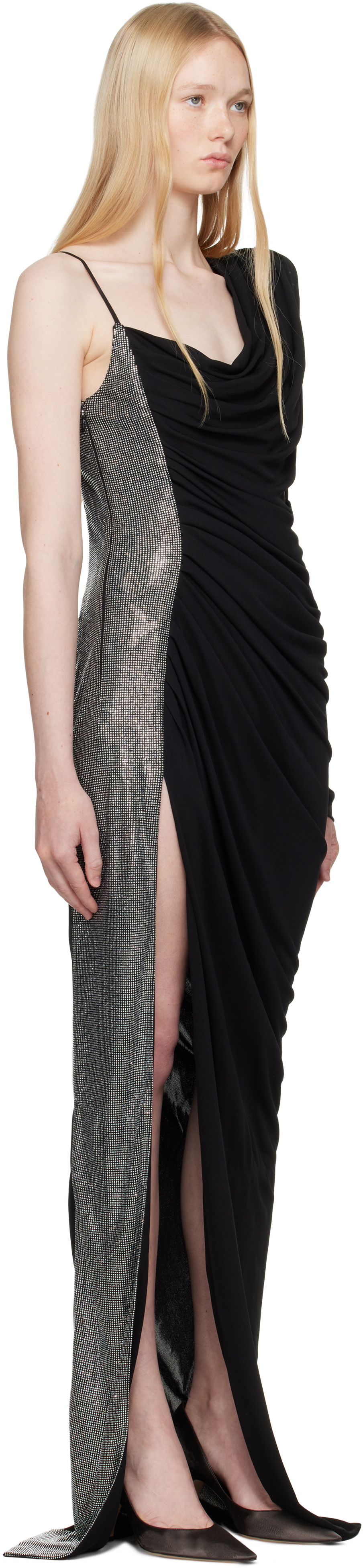 Balmain Black Draped Asymmetrical Two-Material Maxi Dress Balmain
