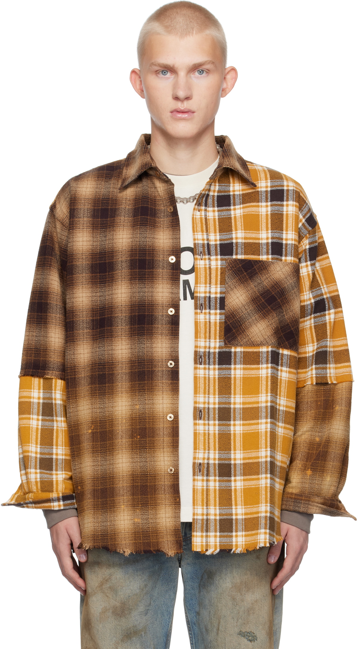 Satoshi Nakamoto Yellow & Brown Patchwork Logo Flannel Shirt Satoshi Nakamoto