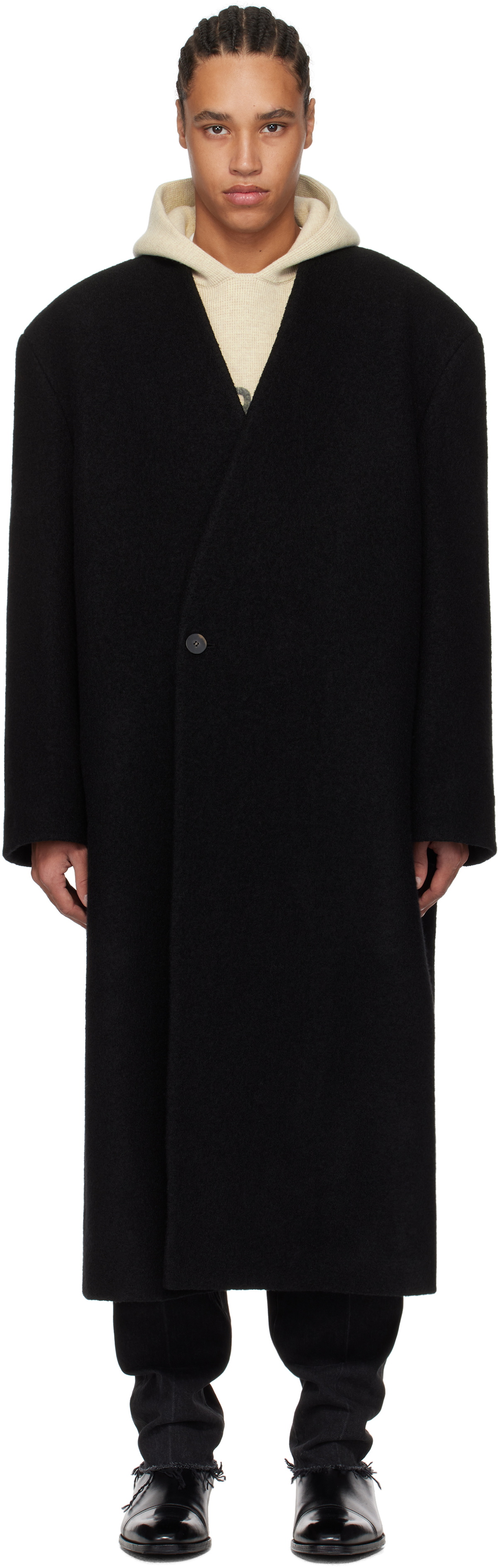 Fear of God Black Boiled Wool Lapelless Relaxed Coat Fear Of God