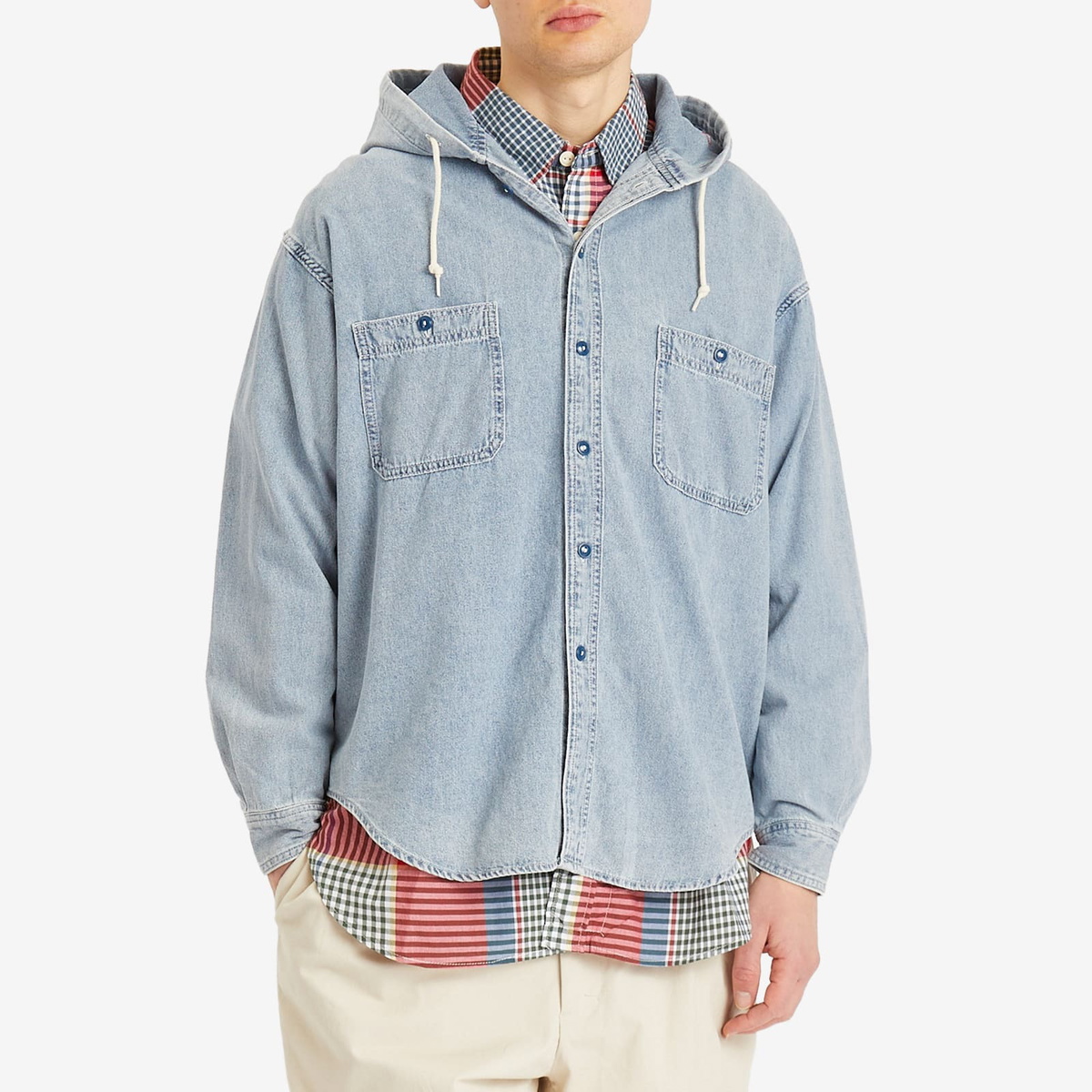 BEAMS Men's Chambray Hooded Shirt in Light Indigo Beams Boy