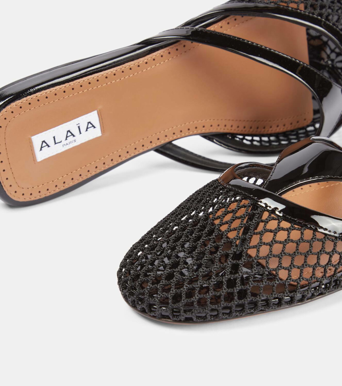 Alaïa Infradito fishnet leather-trimmed mules ALAÏA