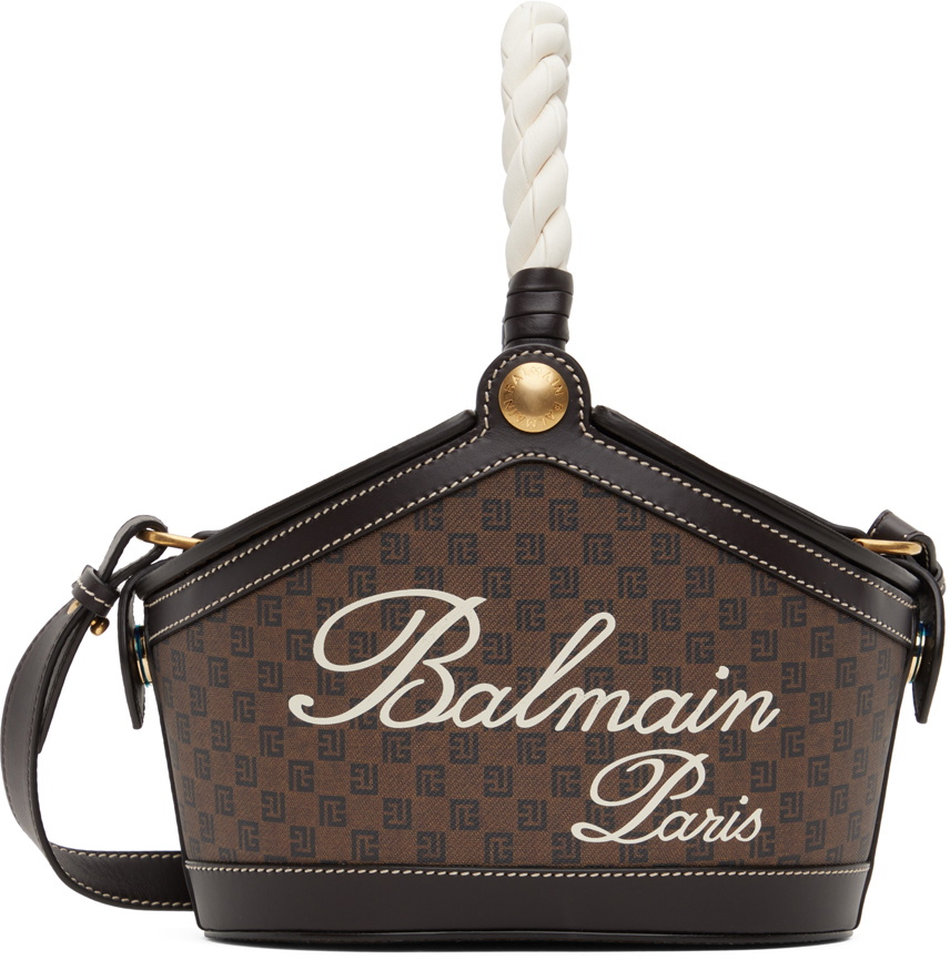 Balmain Brown Monogram Canvas & Leather Bucket Bag Balmain