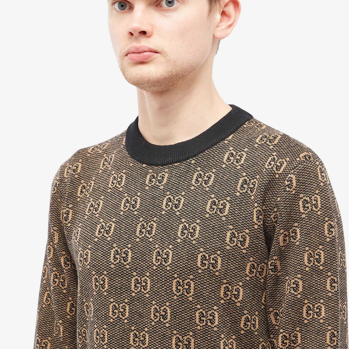 Gucci Men's GG Logo Crew Knit in Camel Gucci