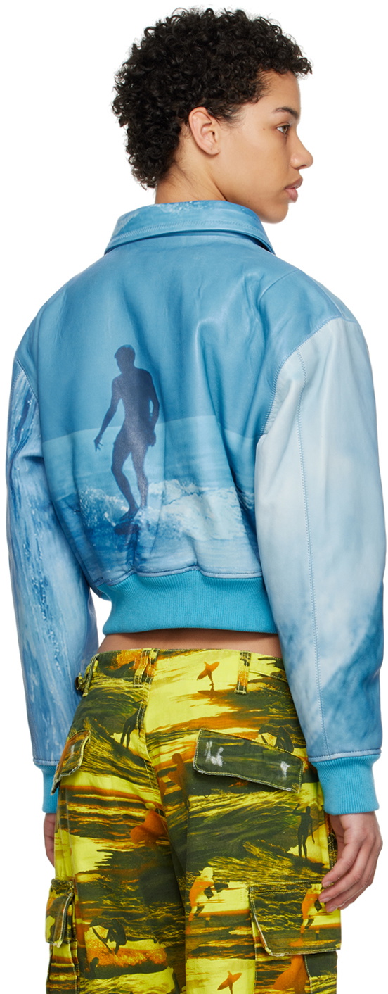ERL Blue Graphic Leather Bomber Jacket ERL
