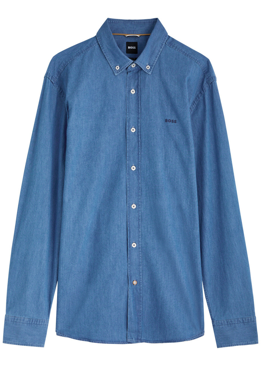 Boss Logo-embroidered Chambray Shirt Blue BOSS