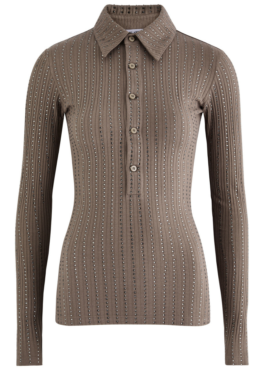 The Attico Crystal-embellished Ribbed Cotton top Brown The Attico