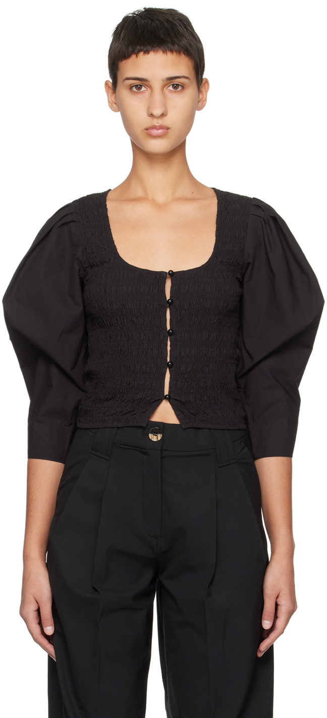 GANNI Black Smocked Blouse GANNI