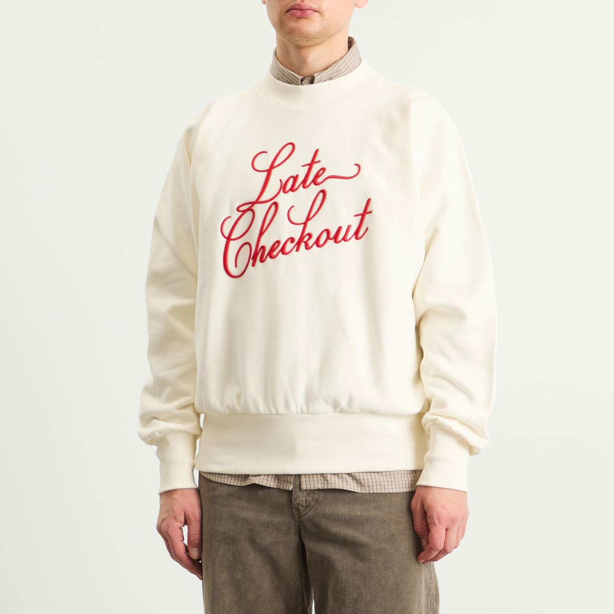 Late Checkout Men's Script Crewneck Sweatshirt in White/Red Late Checkout