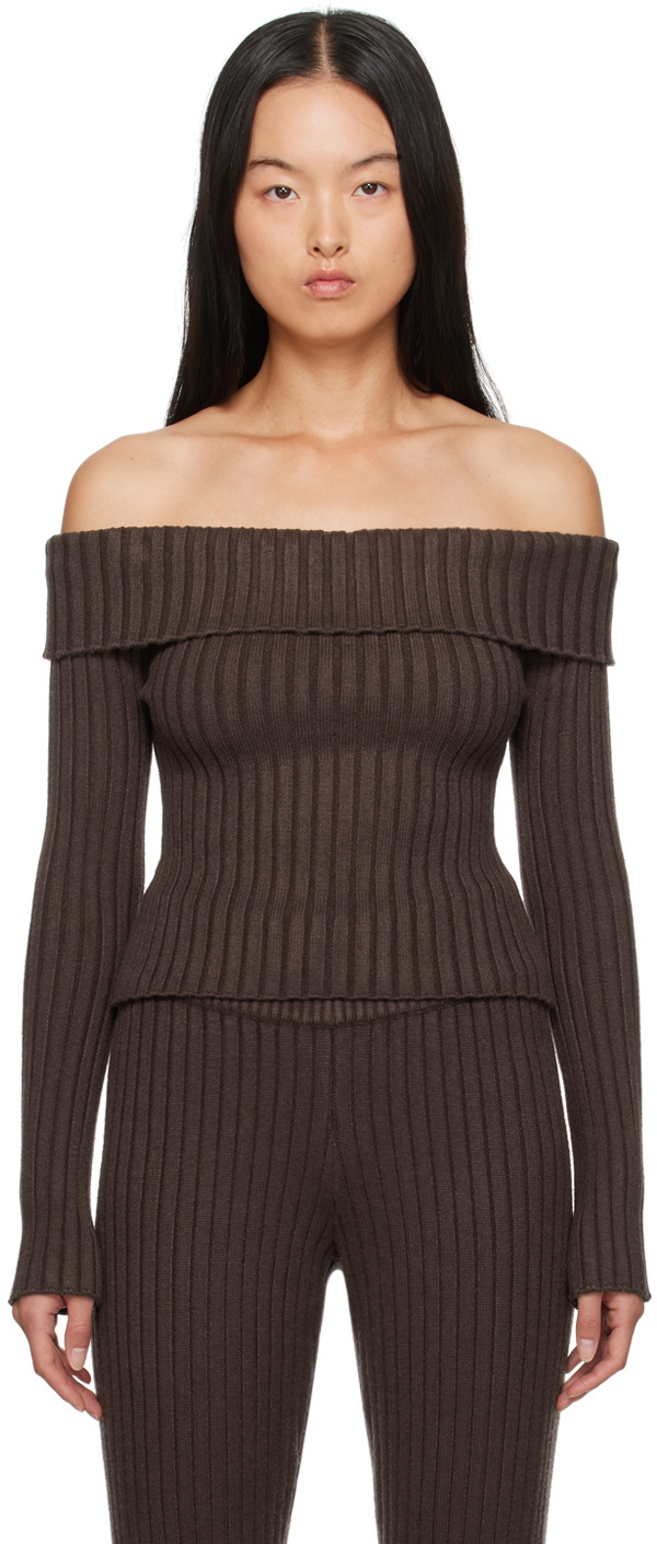 GUIZIO Brown Thalia Off Shoulder Sweater GUIZIO