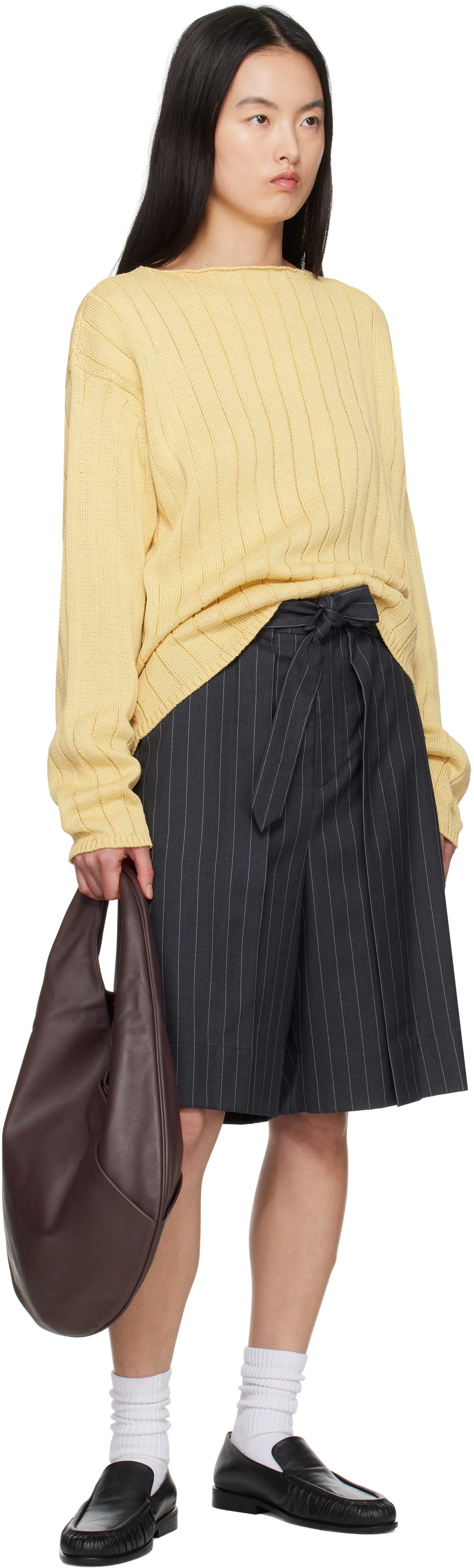 AURALEE Yellow Flat Cord Yarn Boat Neck Sweater Auralee