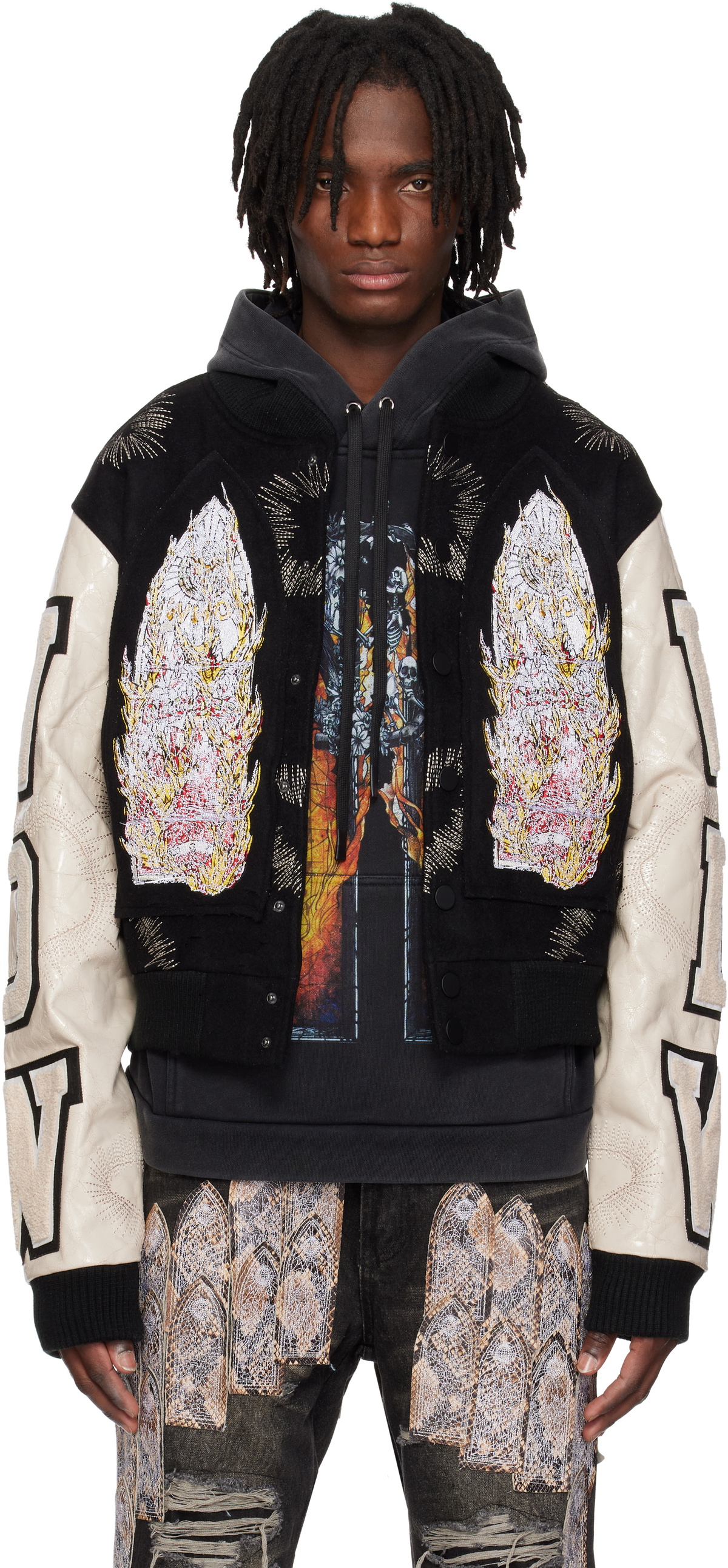 Who Decides War Black & Off-White Namesake Varsity Bomber Jacket WHO ...