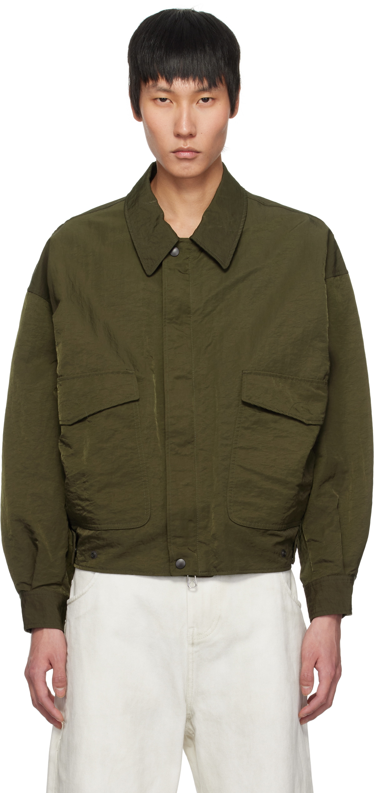 YOKE Khaki Hard Wash Nylon Twill Bomber Jacket YOKE