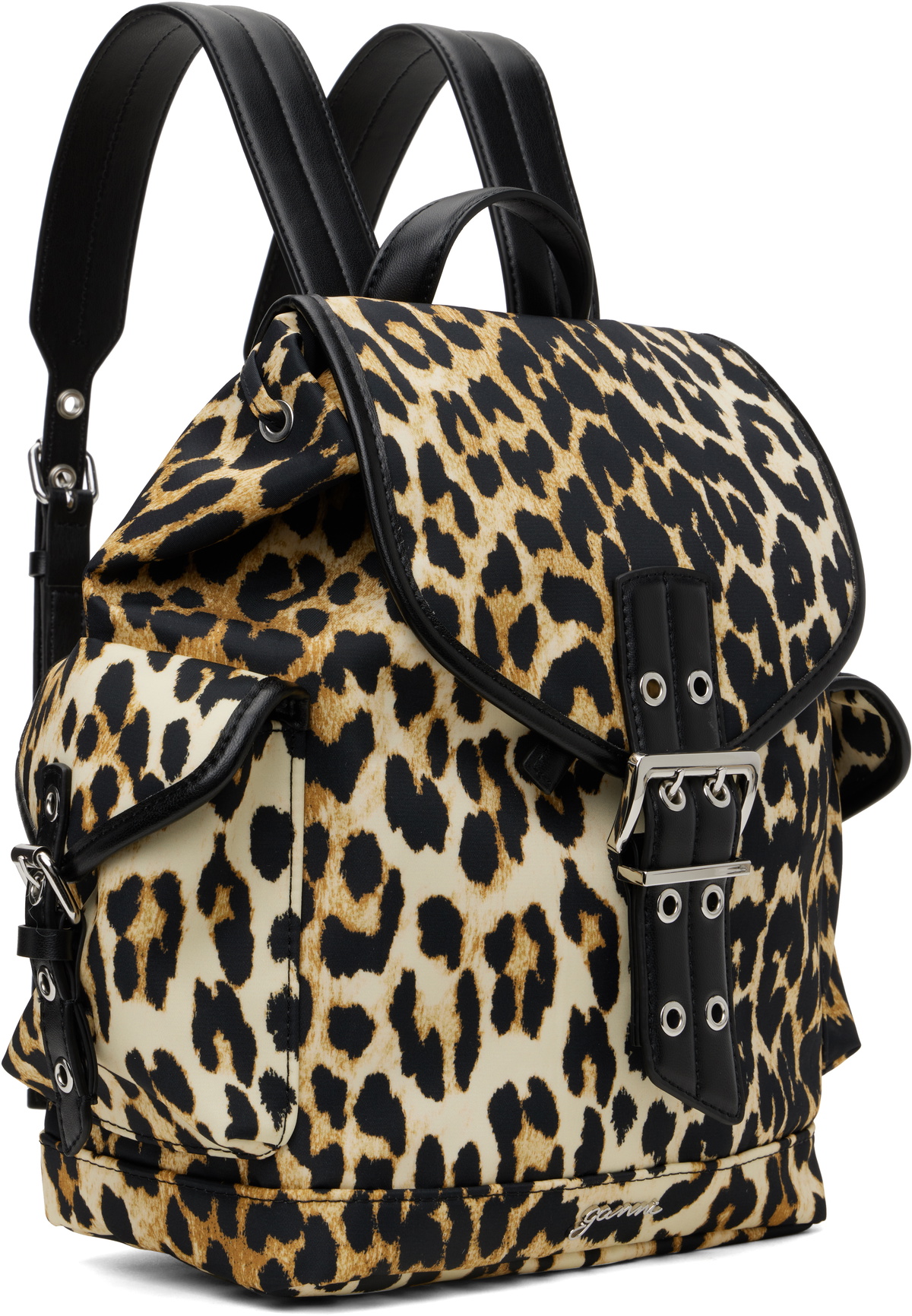 GANNI Tan & Black Leopard Small Nylon Bucky Backpack GANNI