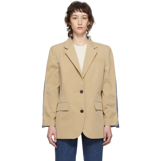 Pushbutton Beige and Blue Mixed Fabric Blazer Pushbutton