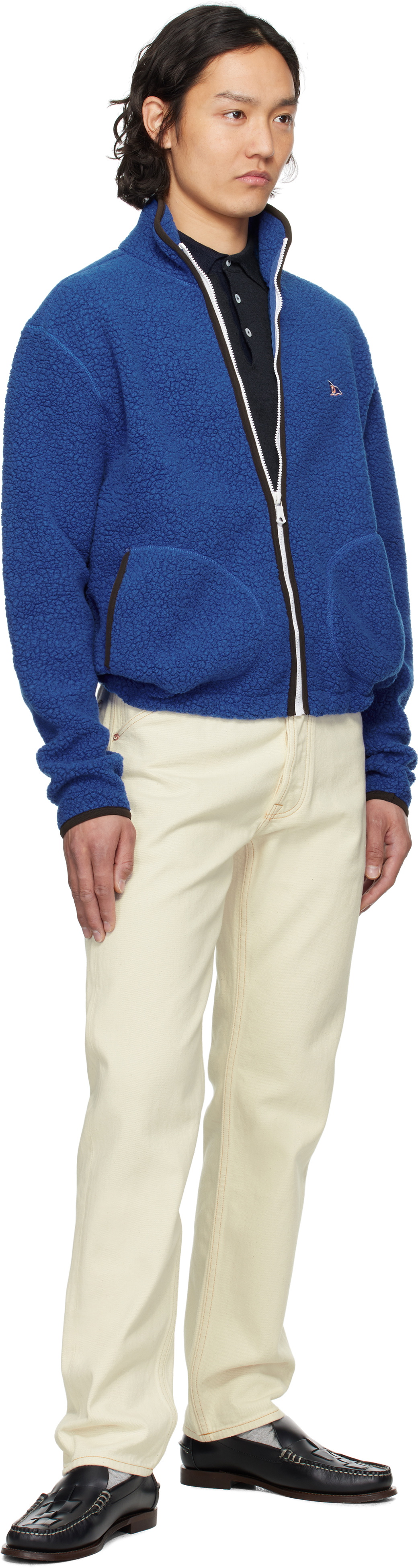 Drake's Blue Boucle Wool Zip Fleece Jacket Drake's