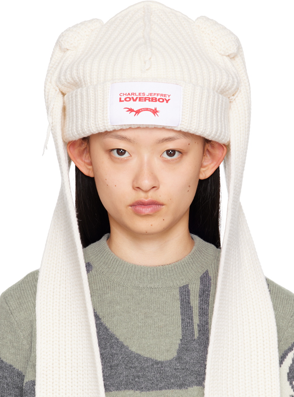 Charles Jeffrey LOVERBOY Off-White Extra Long Rabbit Ears Beanie ...