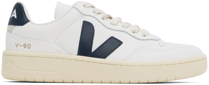 VEJA White & Navy V-90 Leather Sneakers VEJA