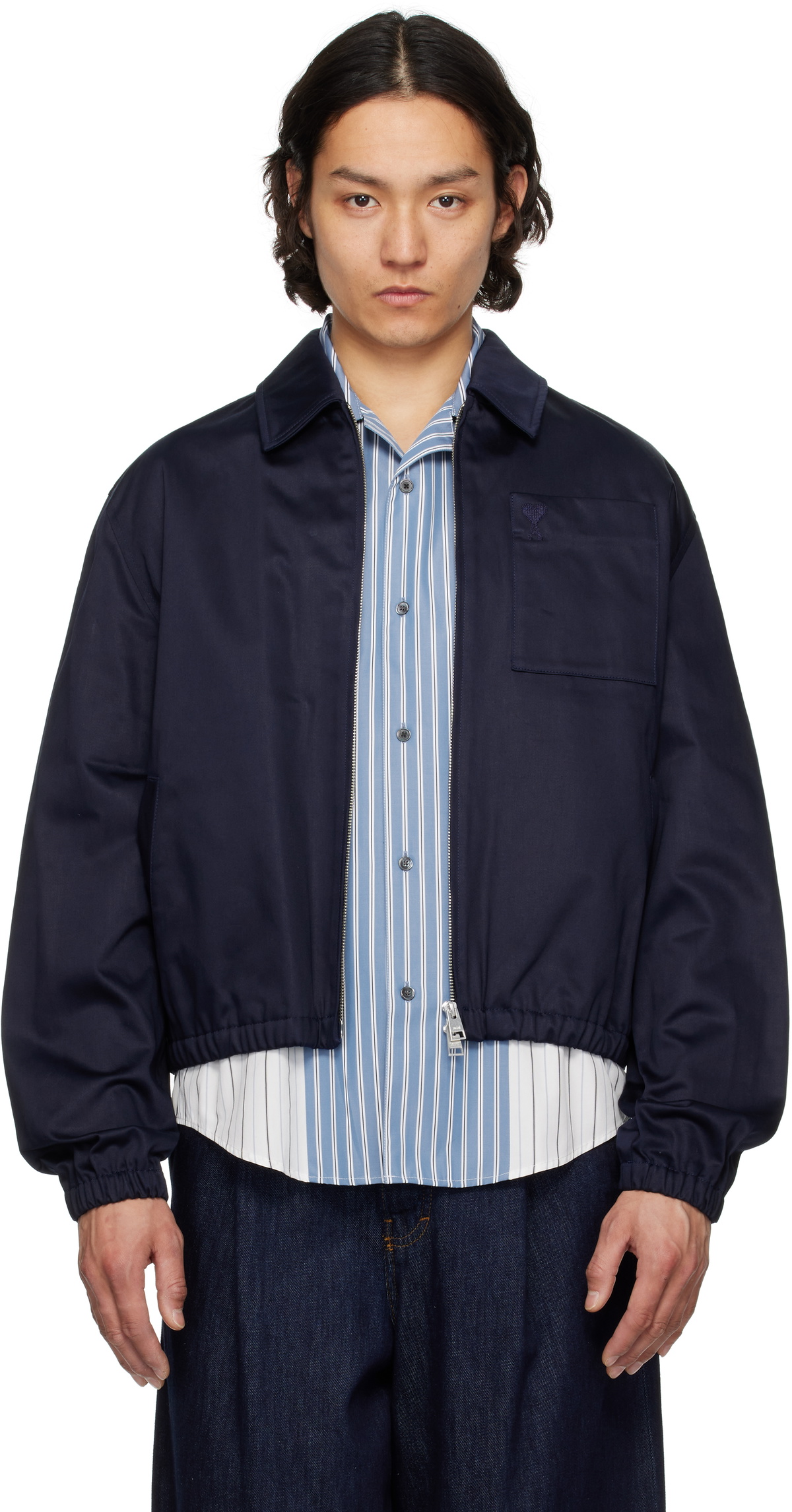 AMI Paris Navy Cotton Ami de Coeur Zipped Jacket AMI