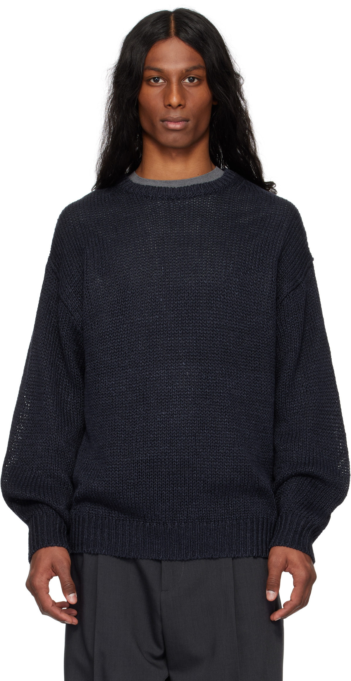 YLÈVE Navy European Linen Silk Basque Knit Sweater YLÈVE