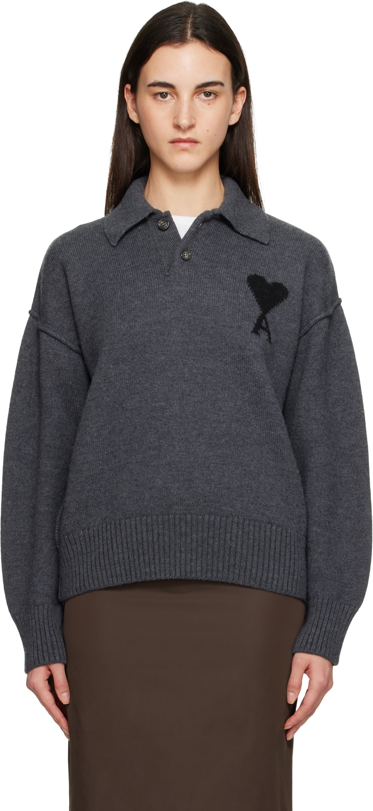 AMI Paris Gray Wool 'Ami de Coeur' Polo AMI