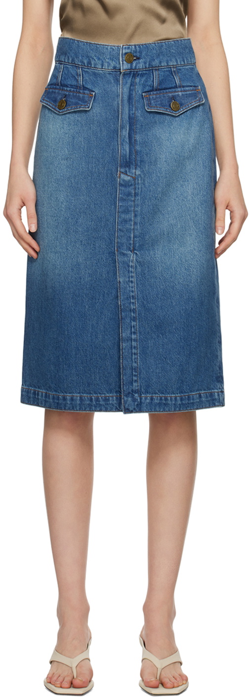 FRAME Blue 'The Vent Front' Denim Midi Skirt Frame Denim