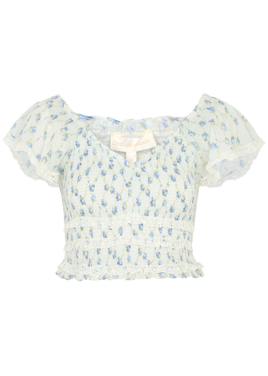 Loveshackfancy Beaming Floral-print Smocked Cotton top White And Blue ...