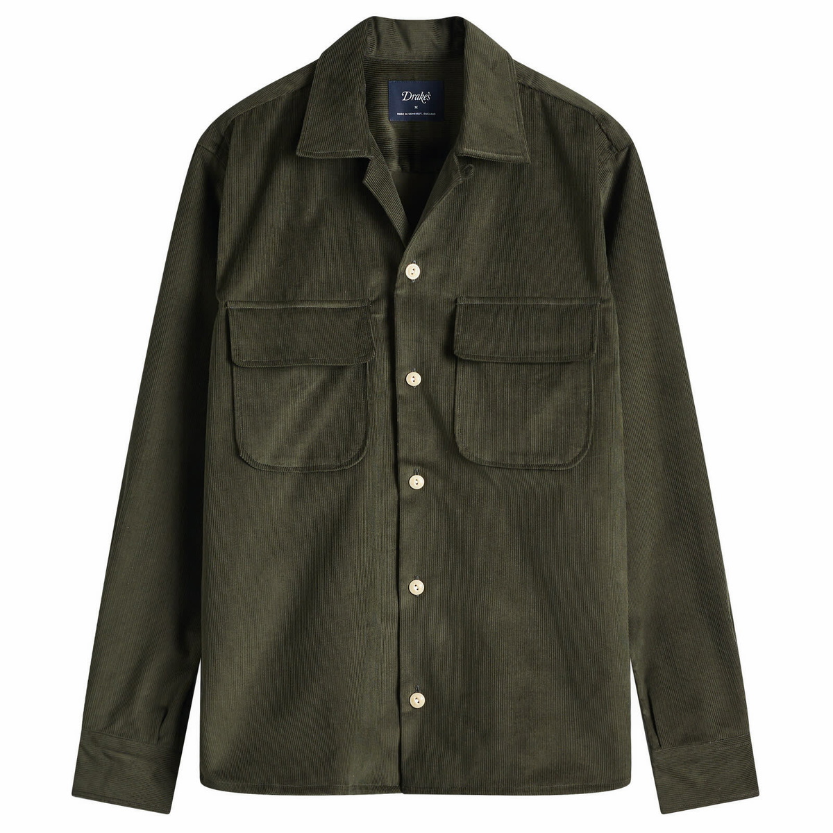 Drake's Men's Camp Collar Corduroy Overshirt in Olive Drake's