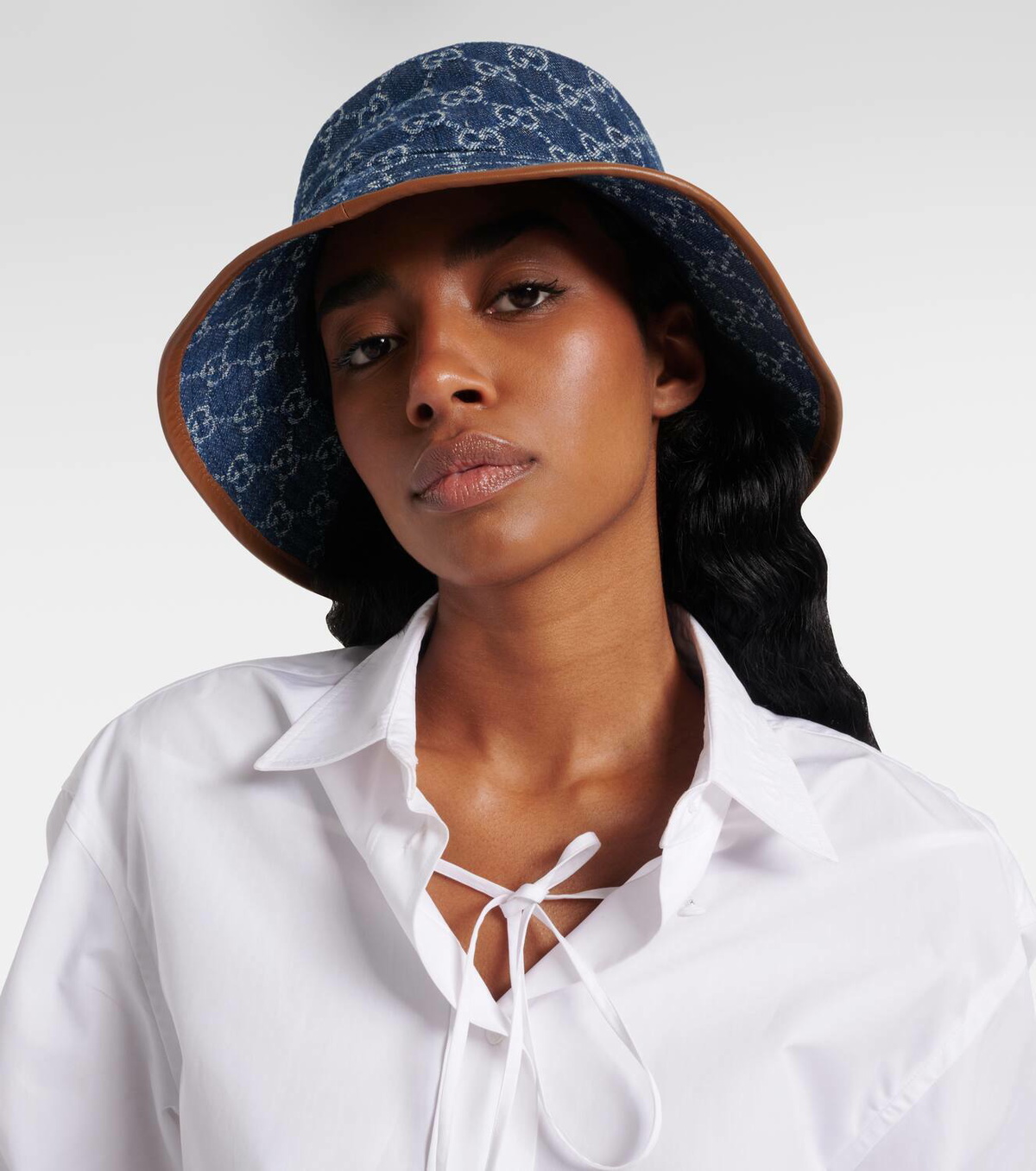 Gucci GG Canvas leather-trimmed denim bucket hat Gucci