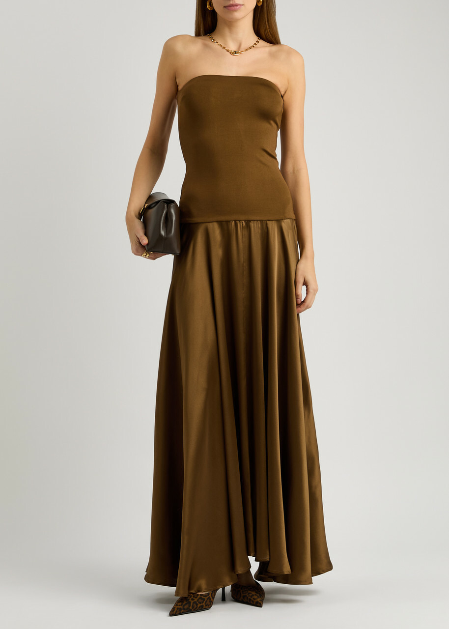 Esse Studios Illi Strapless Silk and Jersey Maxi Dress Olive Esse Studios