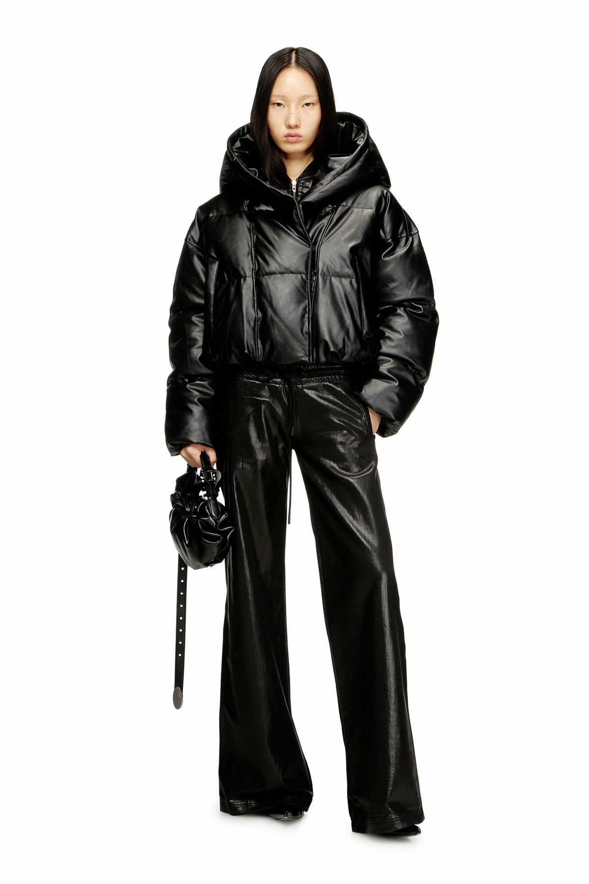 Diesel Hooded puffer jacket in coated fabric - Leather jackets Womens ...
