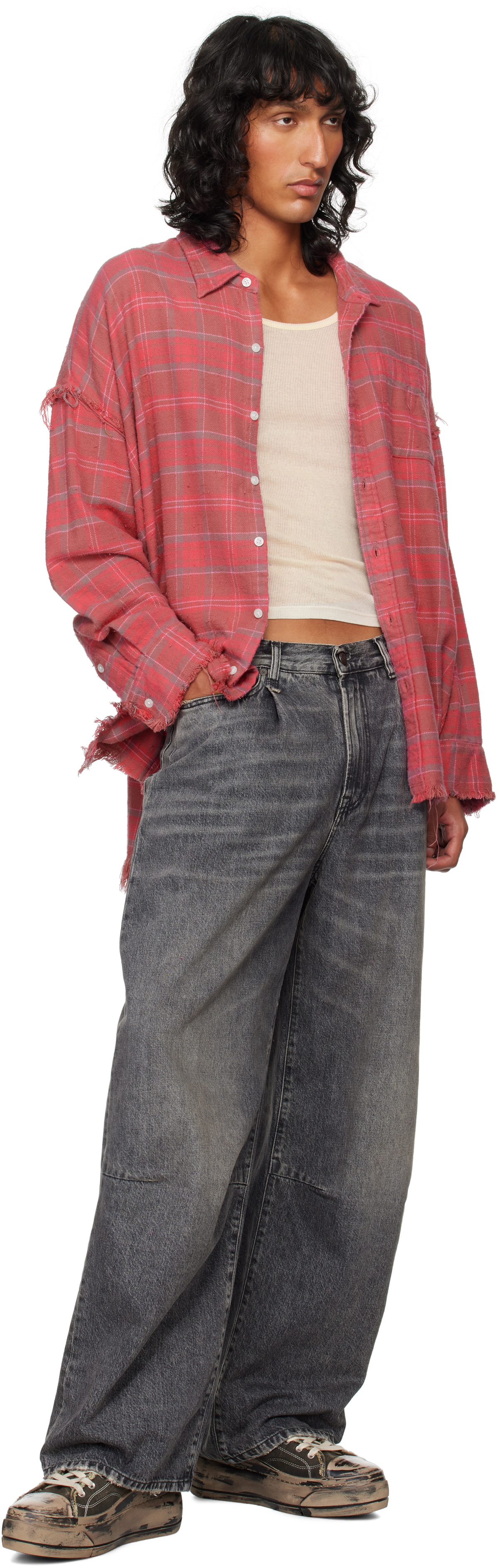 R13 Pink Shredded Seam Drop Neck Shirt R13