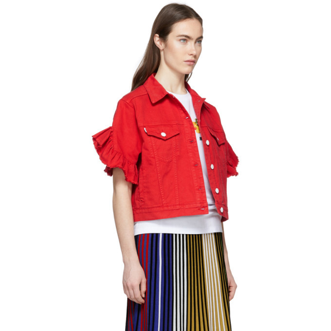 MSGM Red Cropped Sleeve Denim Jacket MSGM