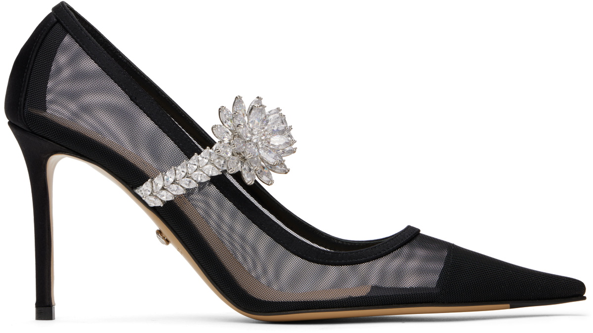 MACH & MACH Black Lotus Flower Mesh Heels MACH & MACH
