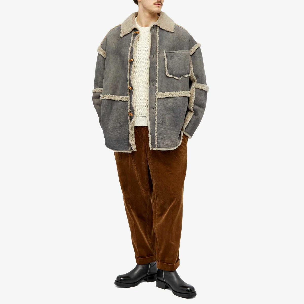 Acne Studios Men's Larrie Shearling Shirt Jacket in Taupe Grey Acne Studios