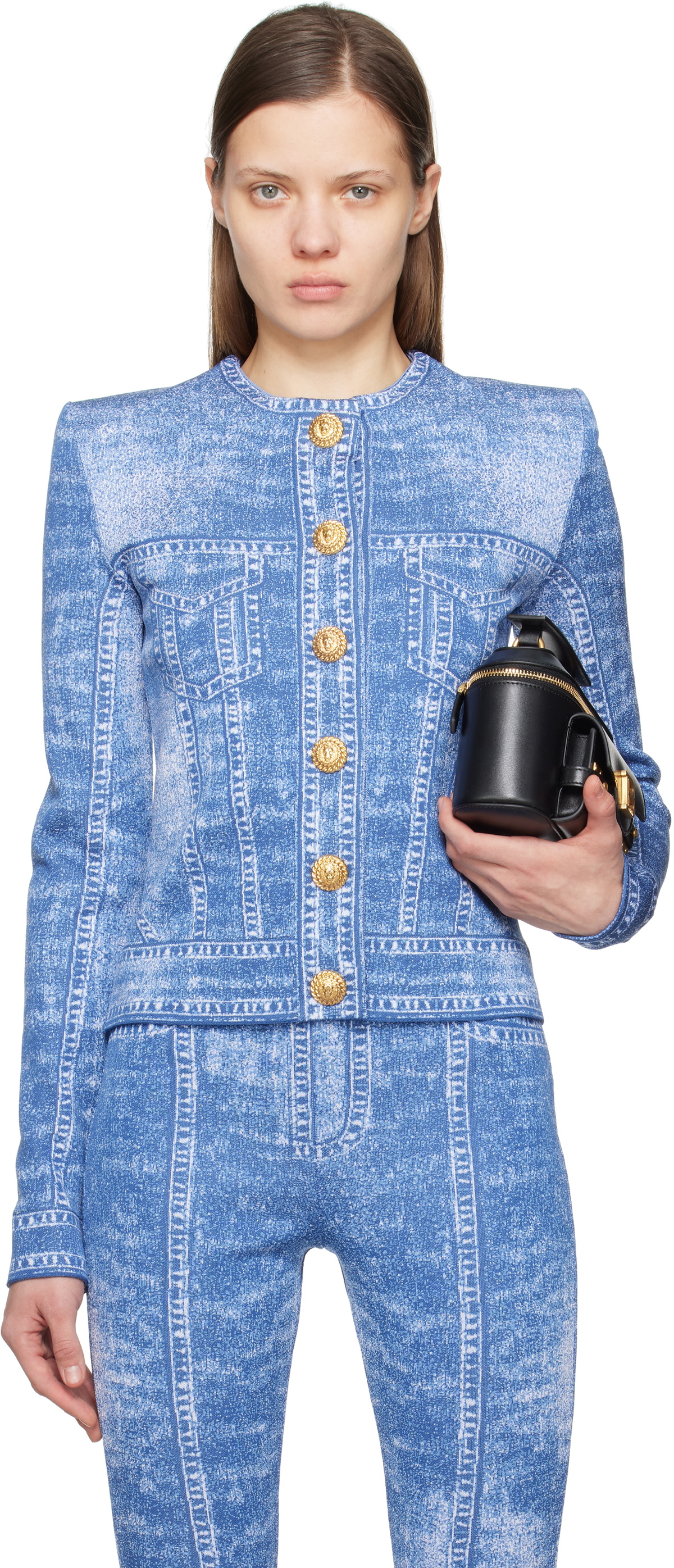 Balmain Blue Jacquard Denim Effect Knit Cardigan Balmain