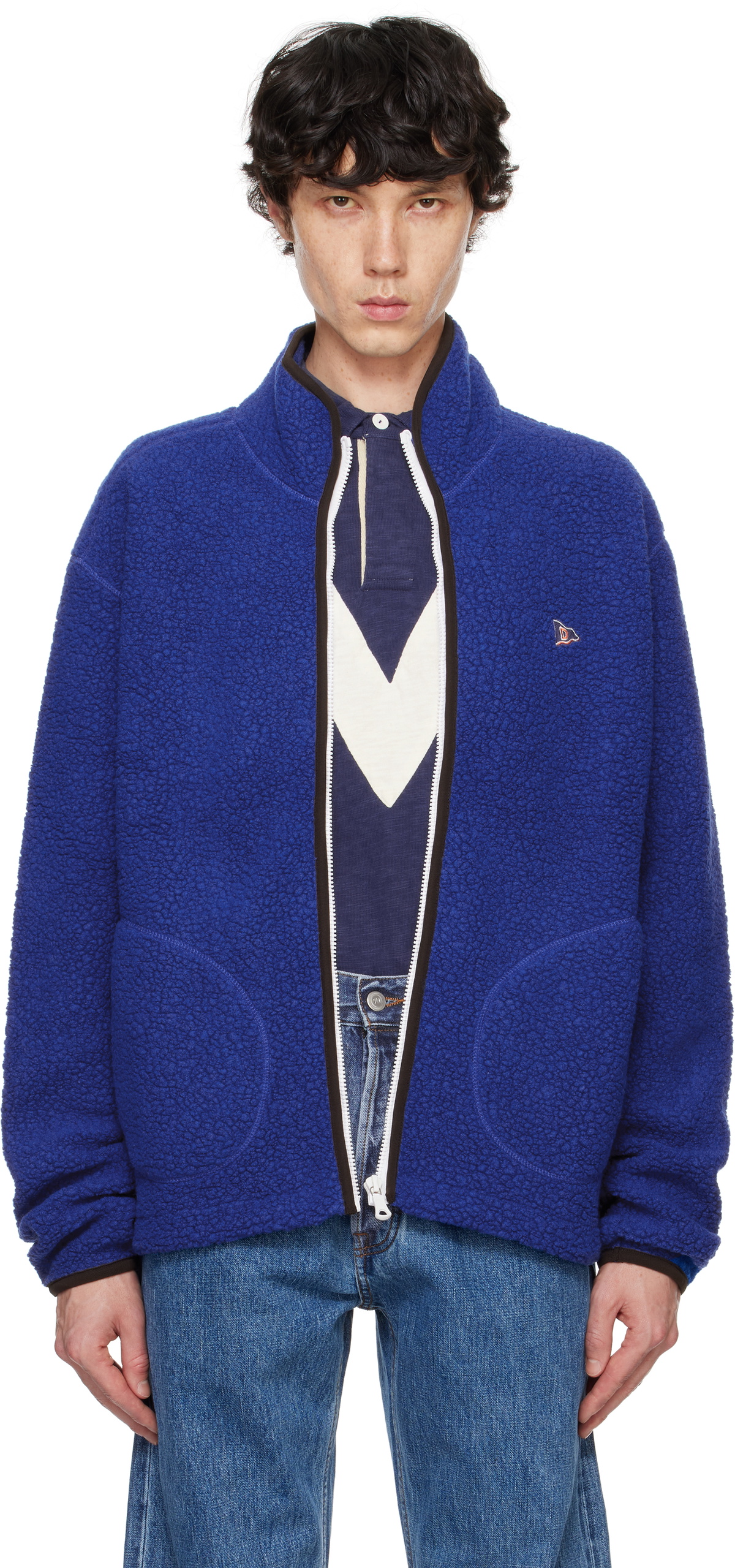Drake's Blue Boucle Wool Zip Fleece Jacket Drake's
