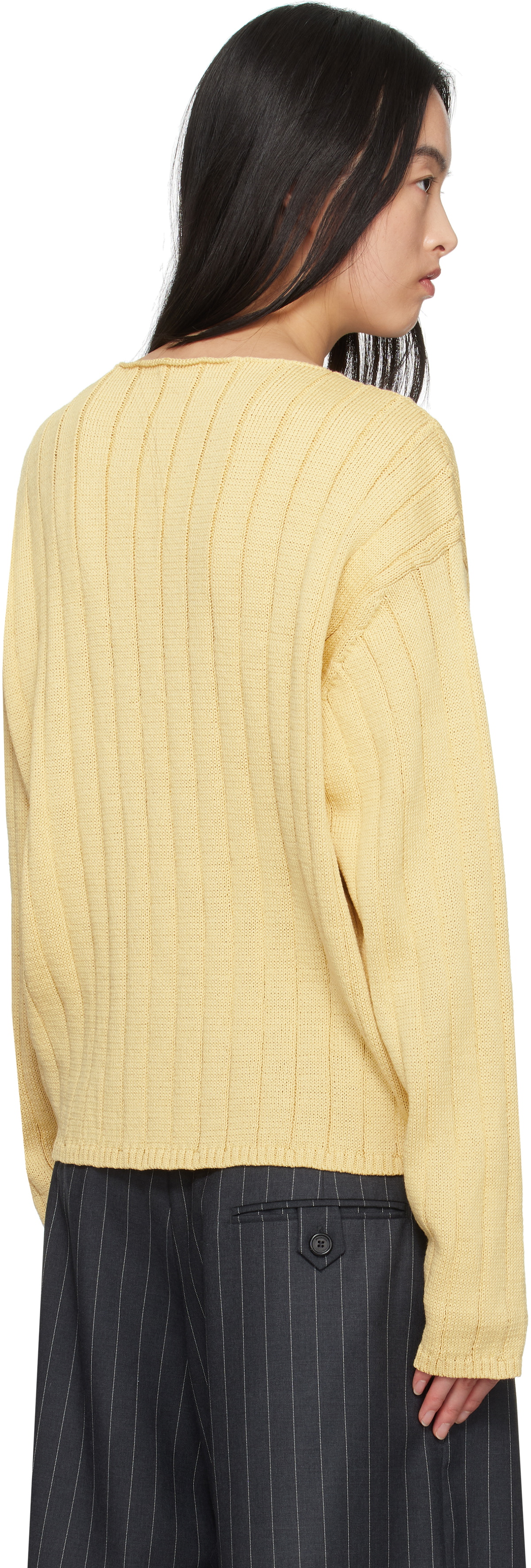 AURALEE Yellow Flat Cord Yarn Boat Neck Sweater Auralee