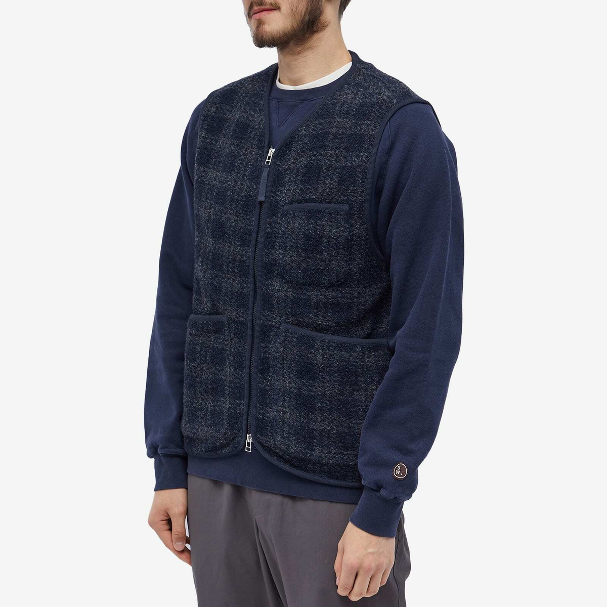 Universal Works Men's Check Wool Fleece Zip Gilet in Navy Universal Works