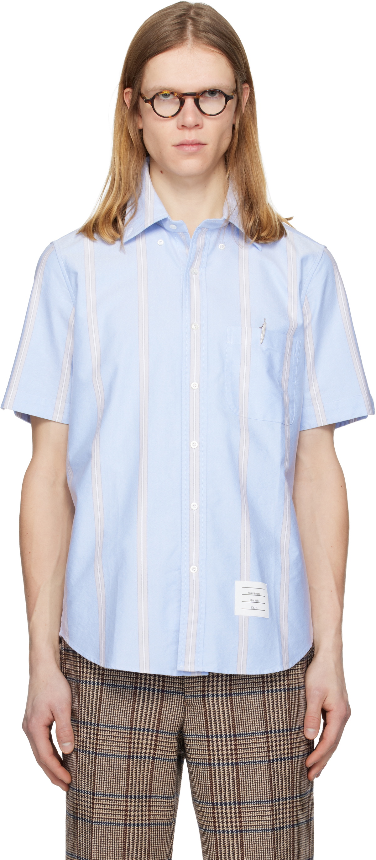 Thom Browne Blue Straight Fit School Stripe Short Sleeve Shirt Thom Browne