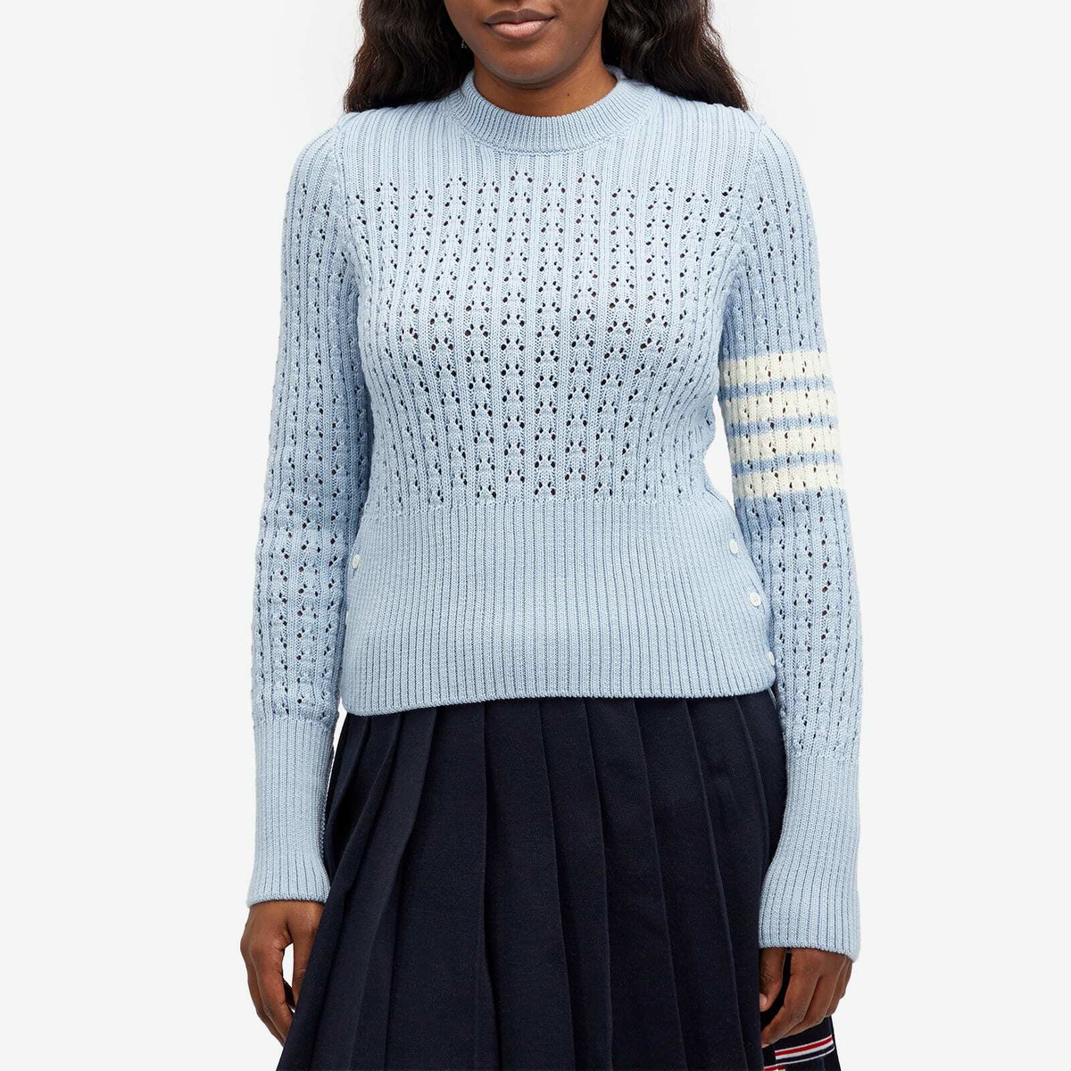 Thom Browne Women's Pointelle Rib Stitch Wool Jumper in Light Blue Thom ...
