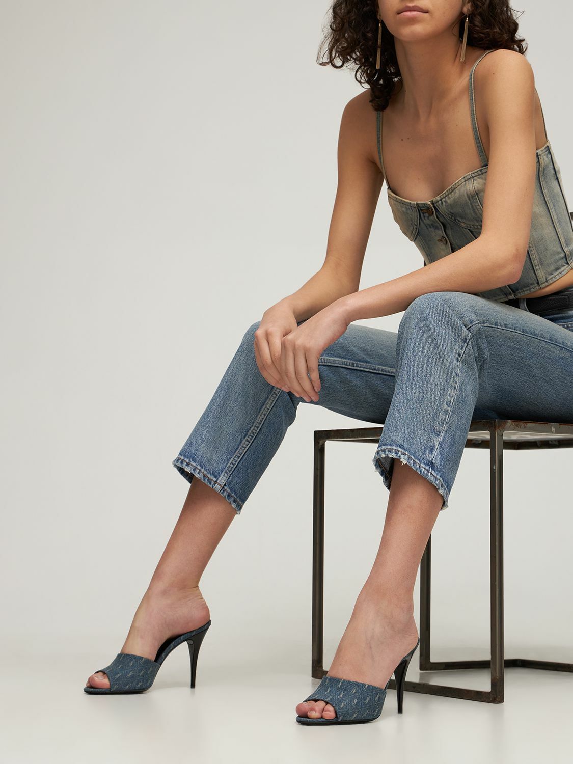 SAINT LAURENT - 95mm La 16 Denim Mule Sandals Saint Laurent